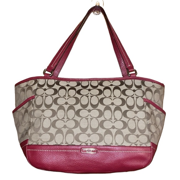 Coach | Bags | Coachred Leather Tanbrown Monogram Signature C Shoulder ...